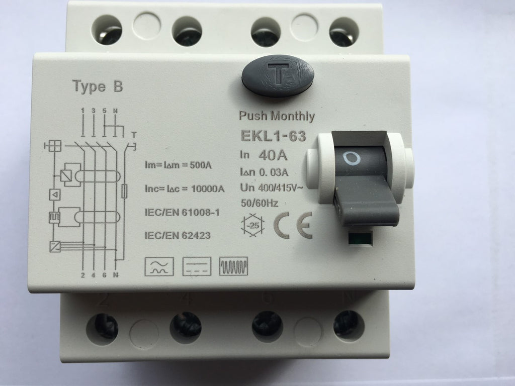 Type B RCD / RCCB 40A for EV Charge Point Installations. 4 pole, 3 pha – EV Chargers Direct