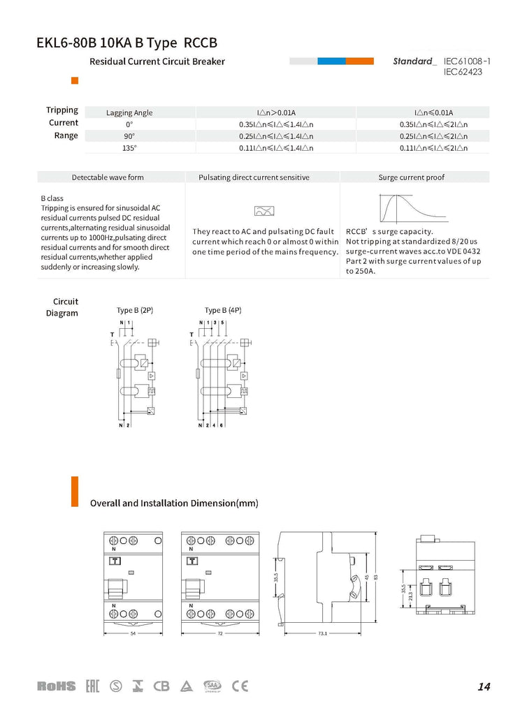 Type B RCD / RCCB 100A for EV Charge Point Installations. 2 pole, sing ...
